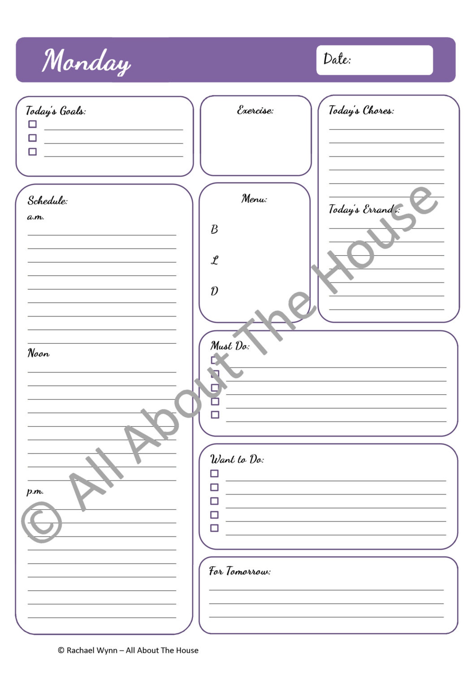 Printable Daily Planners Time Management 7 Pages Color Coded Menu Goals ...