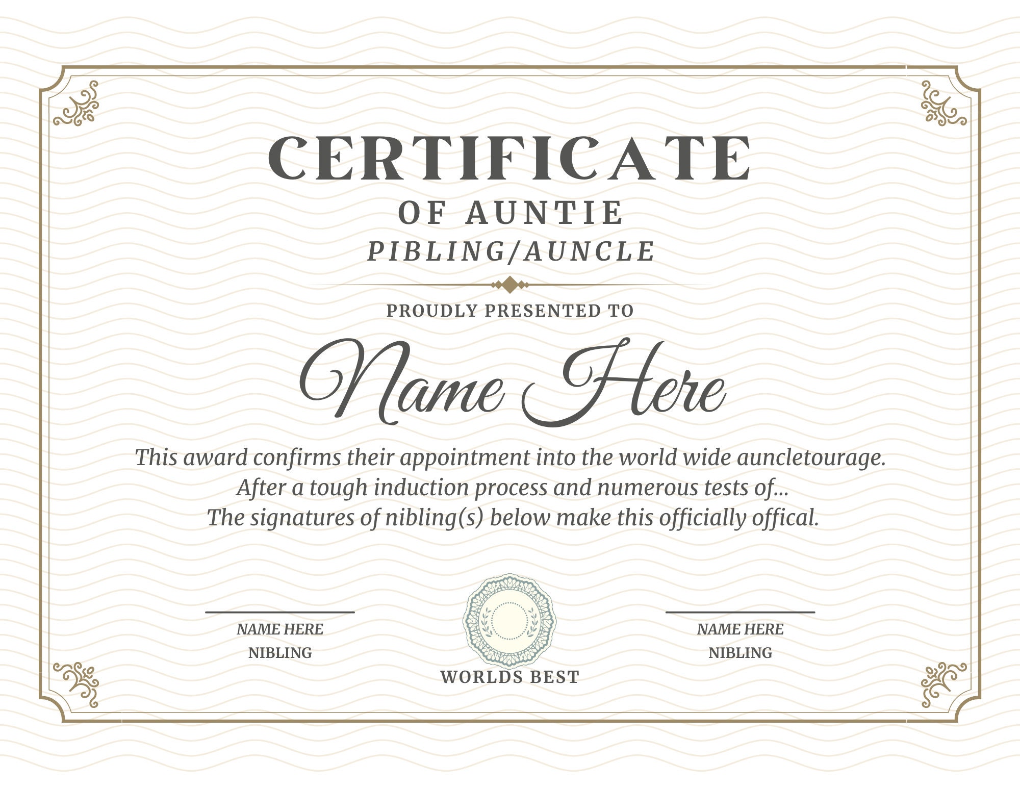 Auntie/uncle (pibling/auncle) Certificate Canva Template - Etsy
