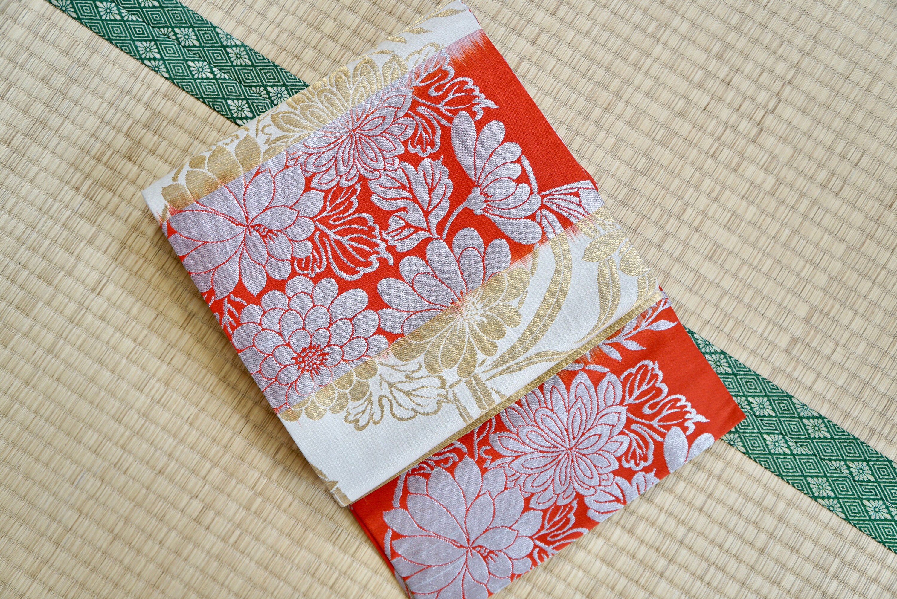 Japanese obi belt GOOD antique plum red gold chrysanthemum | Etsy