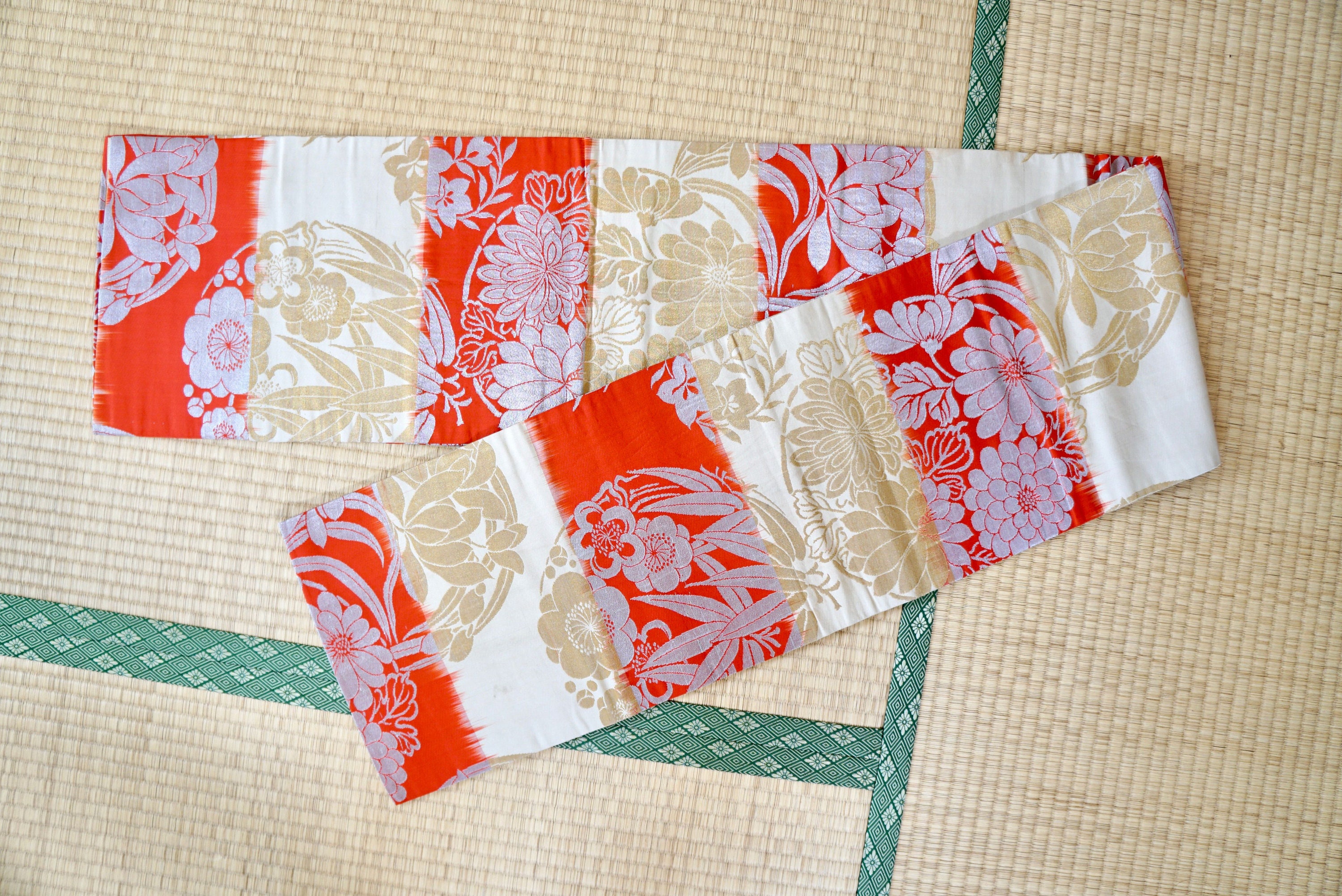 Japanese obi belt GOOD antique plum red gold chrysanthemum | Etsy