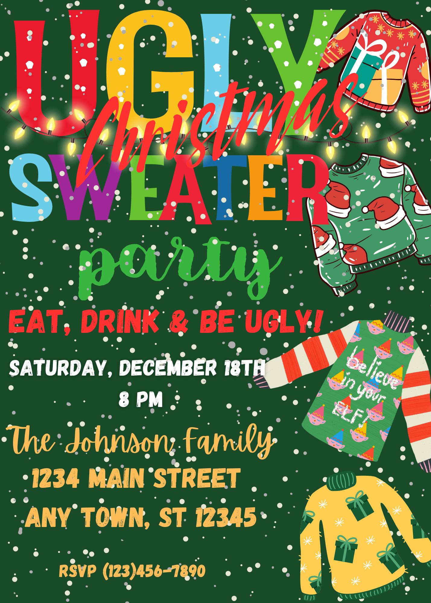 Ugly Christmas Sweater Party Invitation, Holiday Party Invitation ...