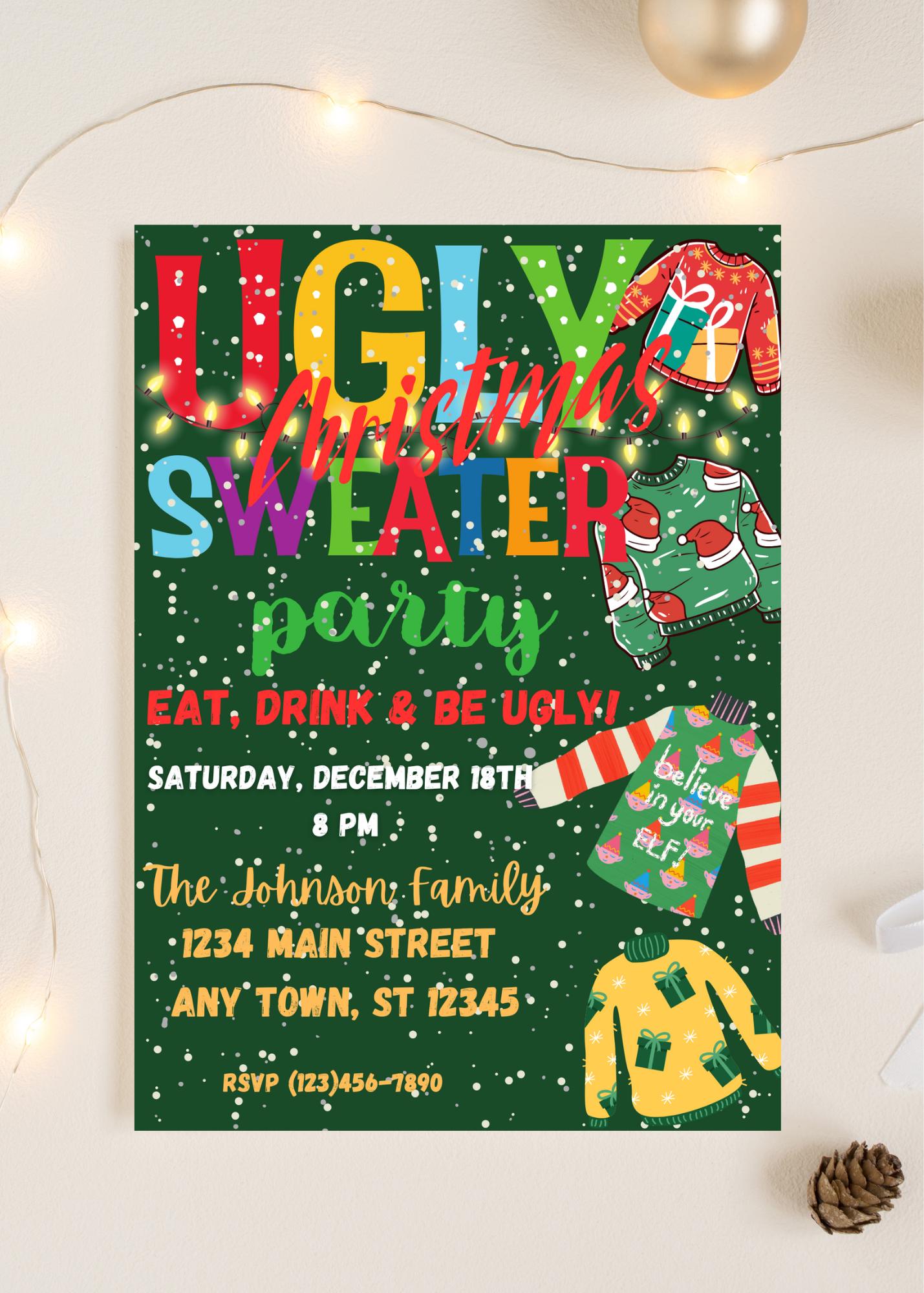 Ugly Christmas Sweater Party Invitation, Holiday Party Invitation ...