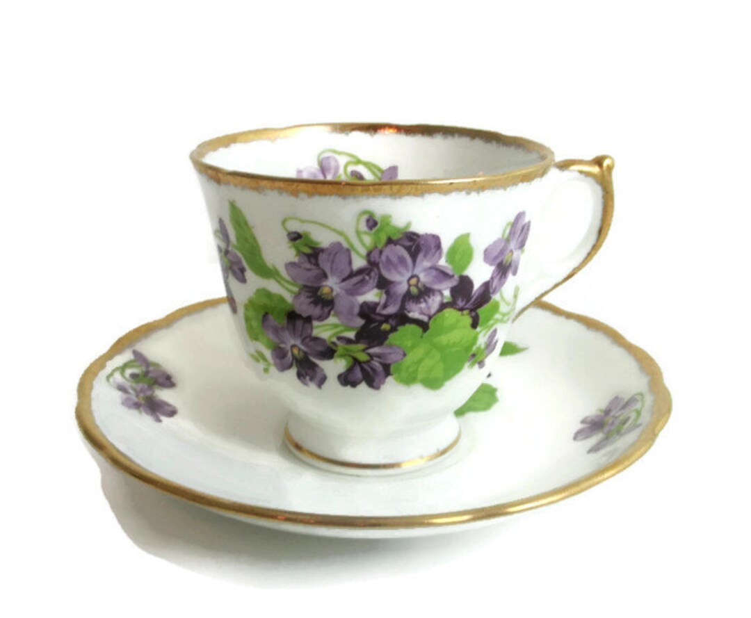 Melba Bone China Tea Cup and Saucer, Violets, Made in England A3, Gold ...