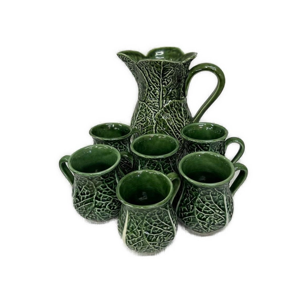 Subtil Portugal Ceramic Green Majolica Cabbage Leaf Pitcher Including 6 ...