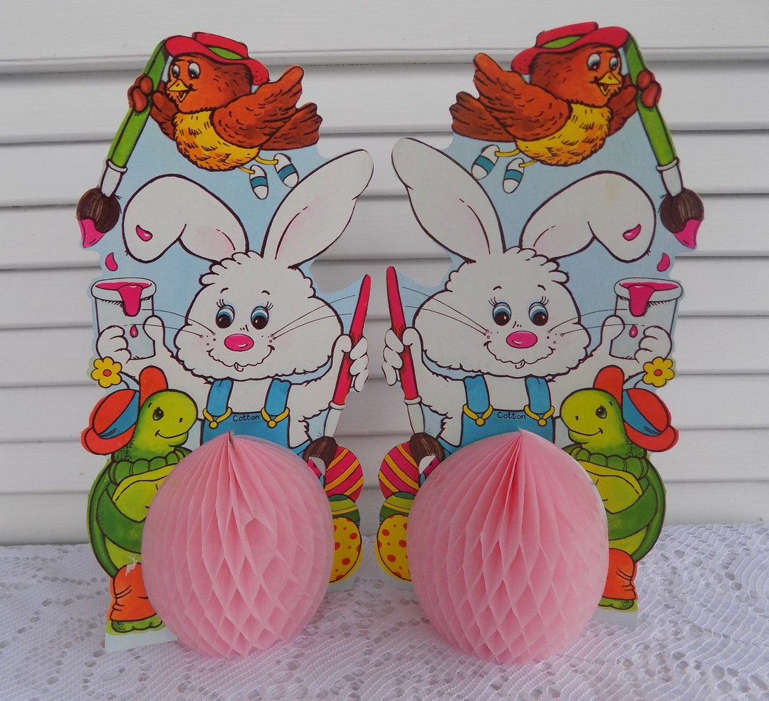 2 Vintage Easter Cardboard Cutouts - Honeycomb - Bunny, Turtle & Bird ...