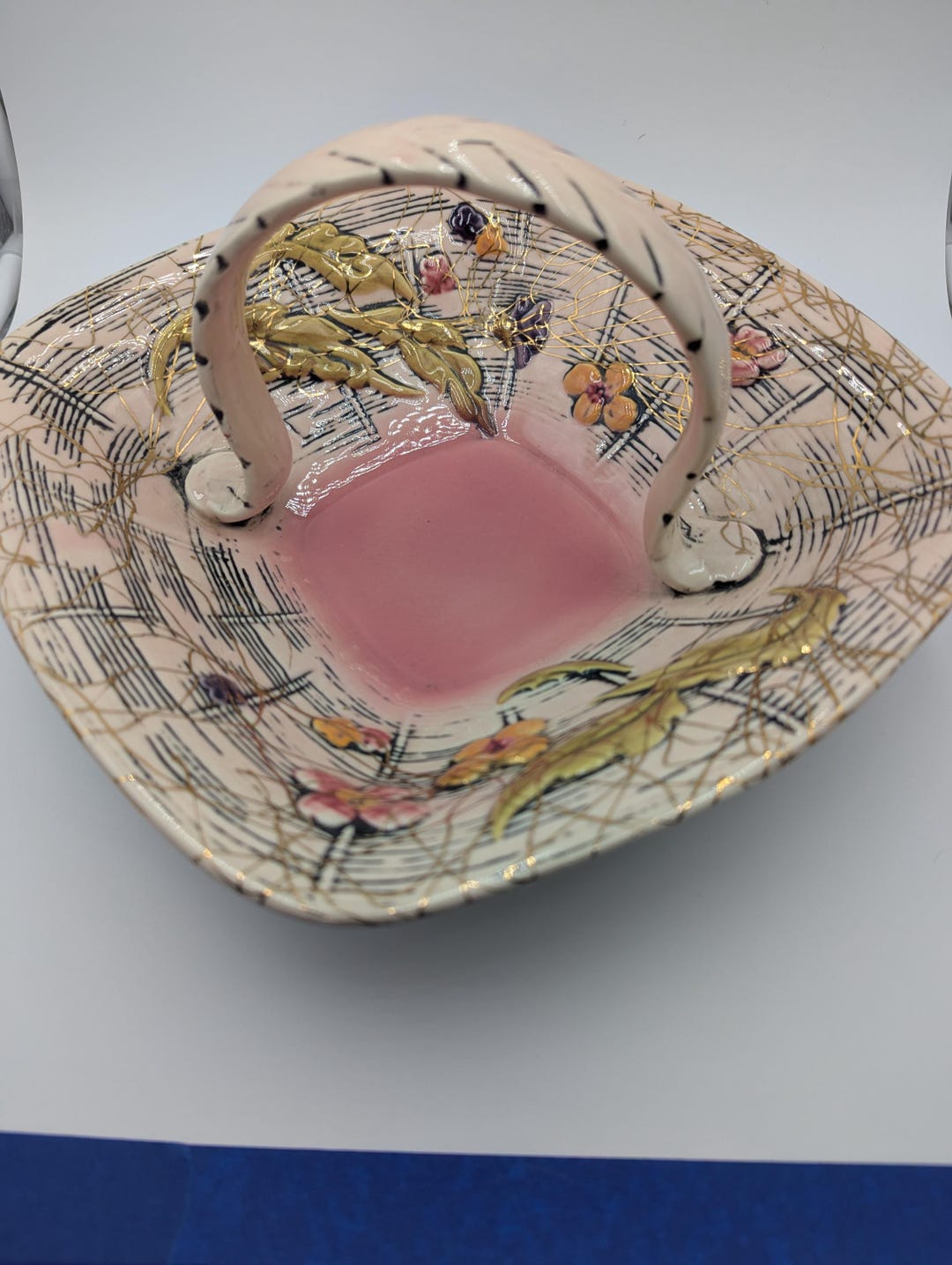 Vintage 1955 Hull Pottery T9 Blossom Flite Basket - 10" Square Ceramic ...