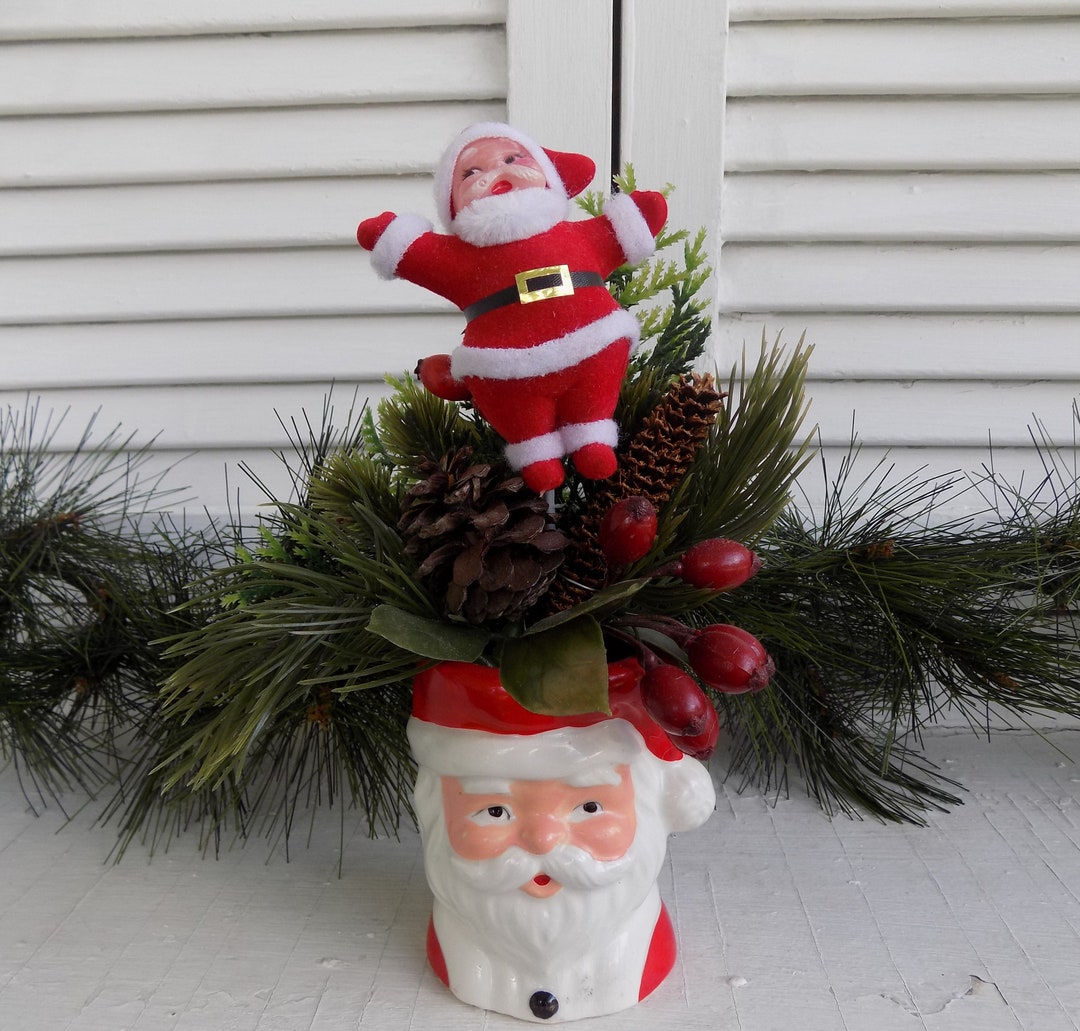 Vintage Santa Head Planter With Flocked Santa & Christmas Floral - Etsy