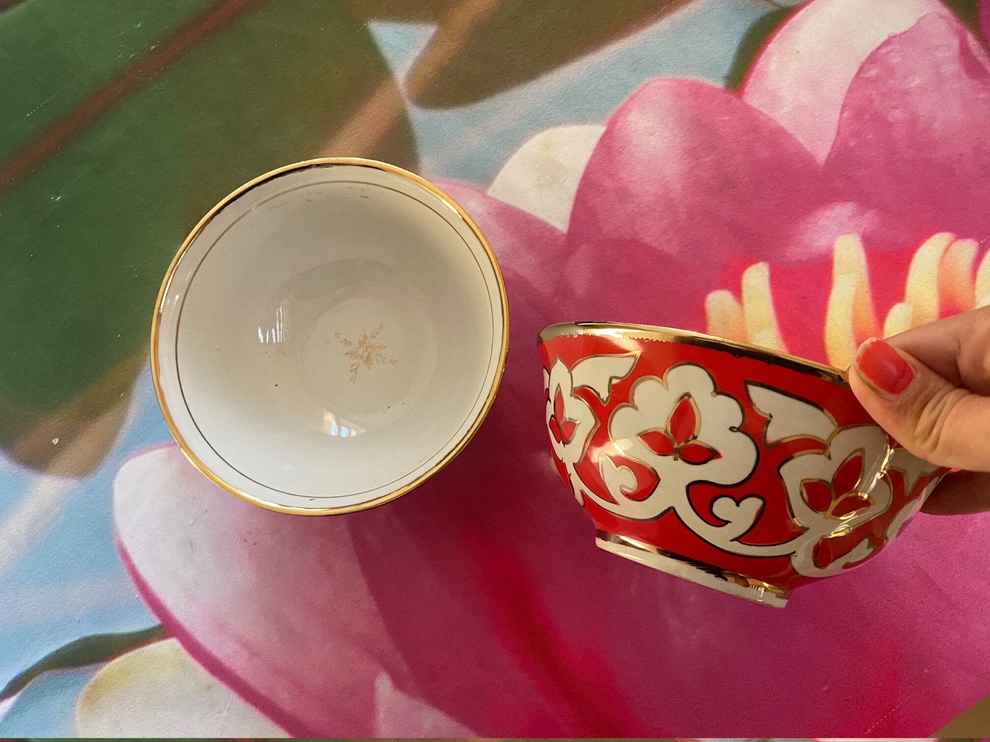 Uzbek Traditional Bowl Cup With Red Orange and Gold Design Tea Cup ...