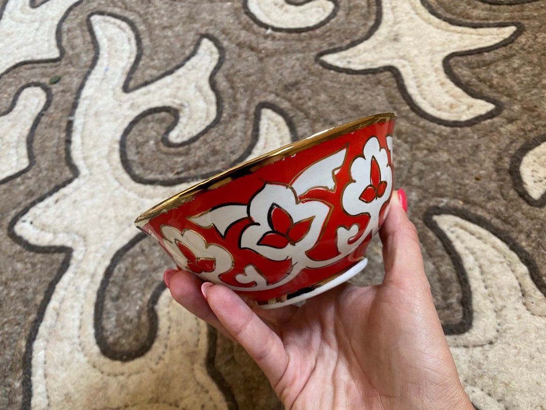 Uzbek Traditional Bowl Cup With Red Orange and Gold Design Tea Cup ...