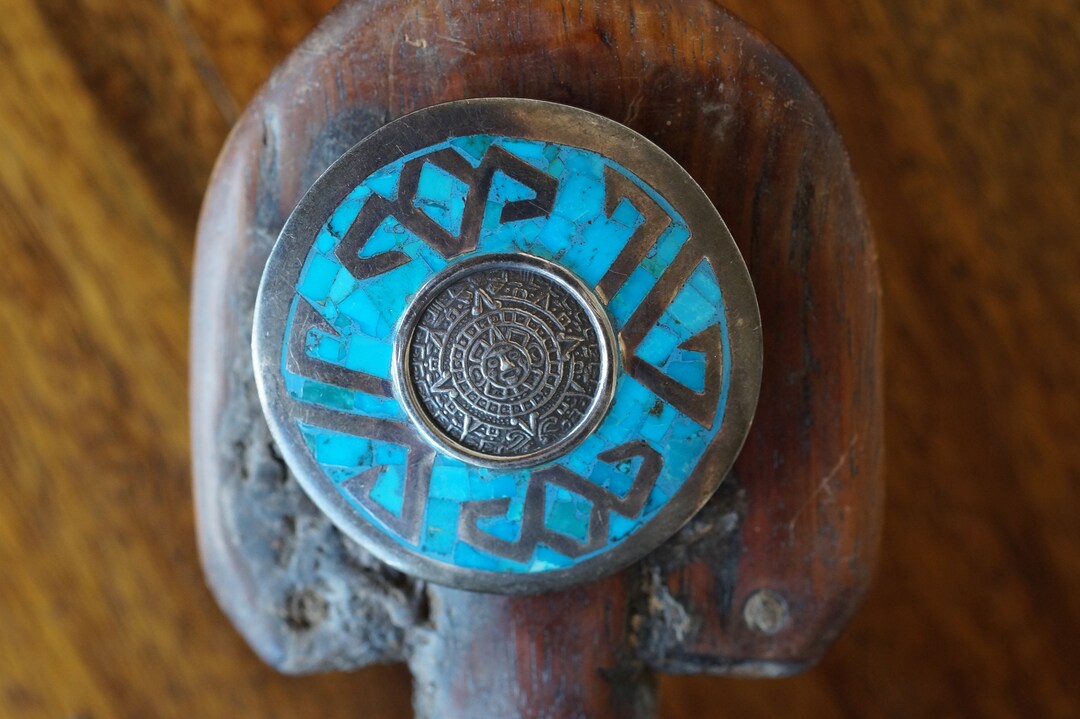 Heavy Turquoise Inlay Inca Sun God Sterling Silver Brooch Pendant ...