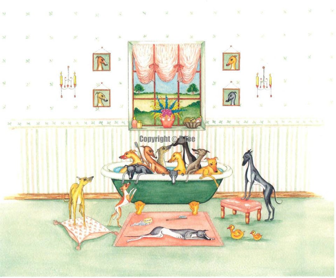 Saving Water, Whippet Greyhound Dog Watercolor and Ink Painting/print ...