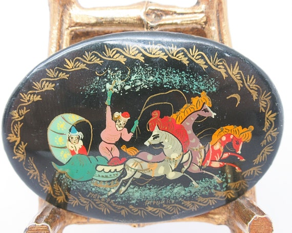 Antique Signed Russian Wooden Lacquer Brooch Pendant … - Gem