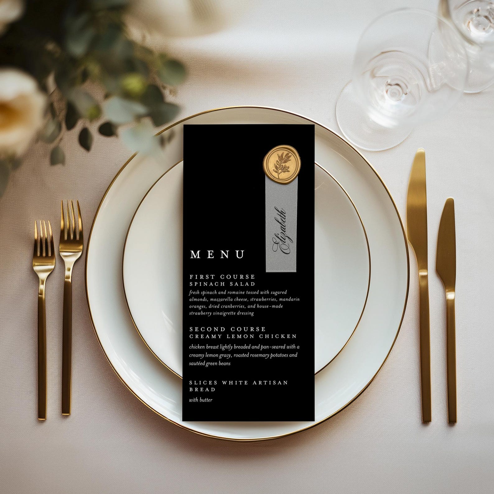 Custom Wedding Menu With Name Tag & Wax Seal: Elegant Dinner Party - Etsy