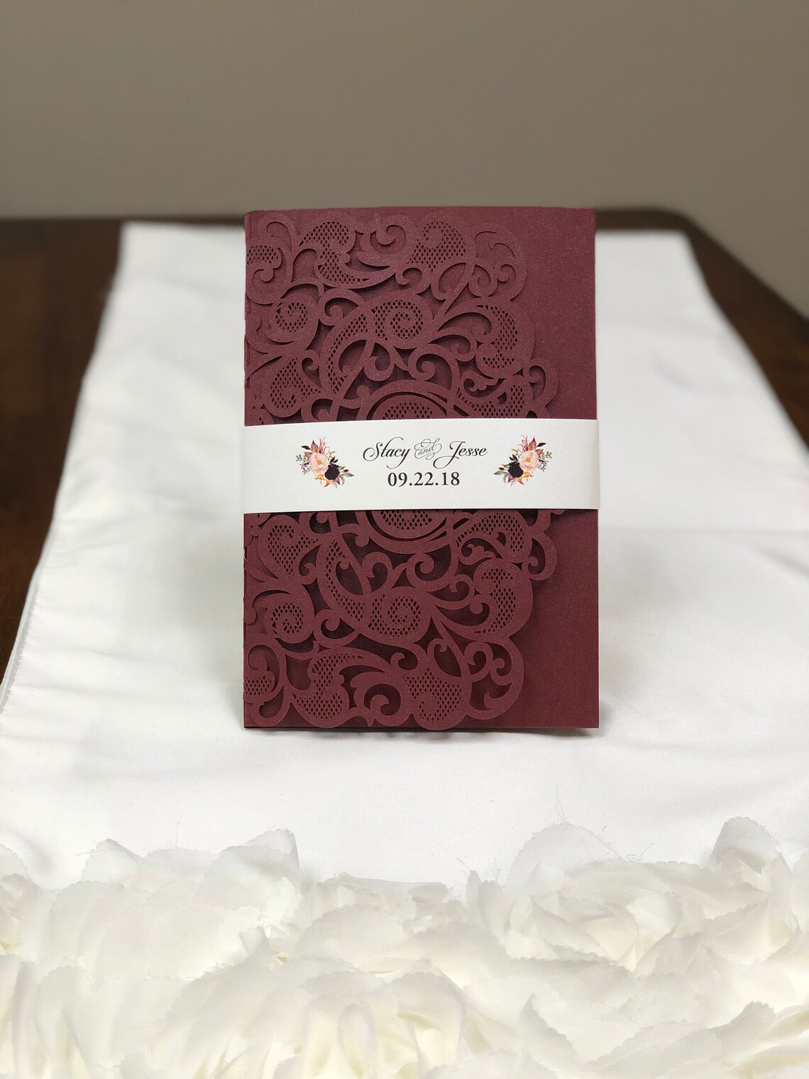 Laser Cut Marsala Wedding Invitations: Burgundy Pocket, Gold Accents - Etsy
