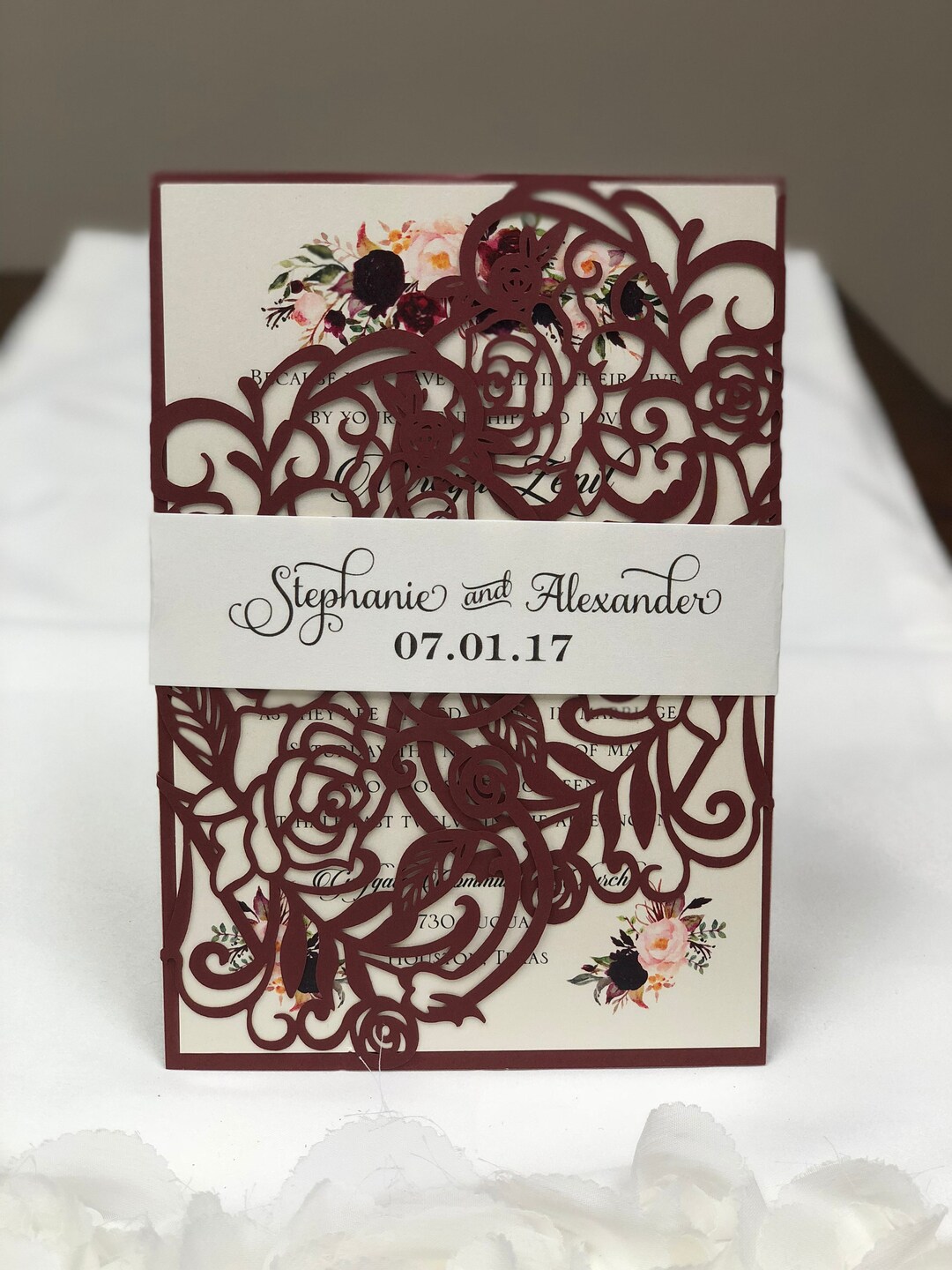Marsala Laser Cut Wedding Invitations Pocket Wedding Invitation Die Cut ...