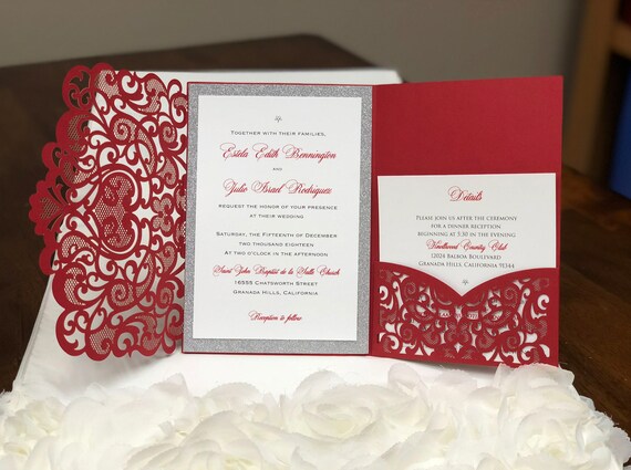 Red Matte Heart Laser Cut Wedding Invitations Pocket Wedding | Etsy