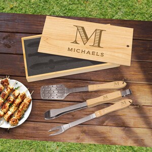 Custom Engraved Wood Grill Set BBQ 3 Piece Housewarming Gift Monogram ...