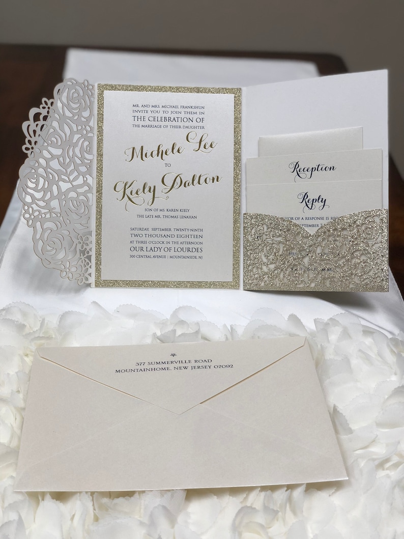 Gold Glitter Wedding Invitations Tri-fold Laser Cut Glitter - Etsy