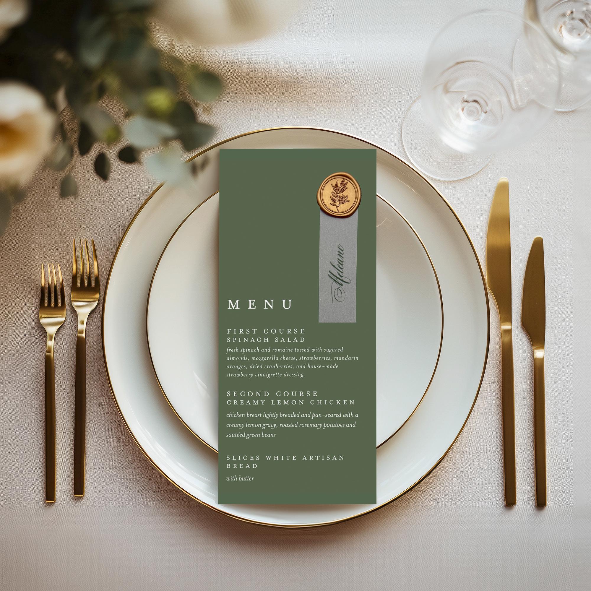 Custom Tall Wedding Menu With Name Tag & Wax Seal – Elegant and Modern ...