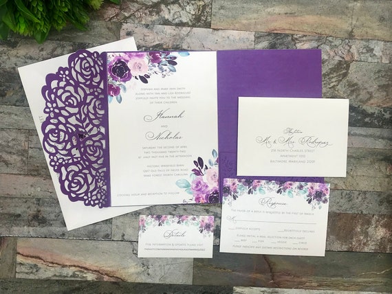 Purple Laser Cut Wedding Invitations Picky Bride | Lavender Floral
