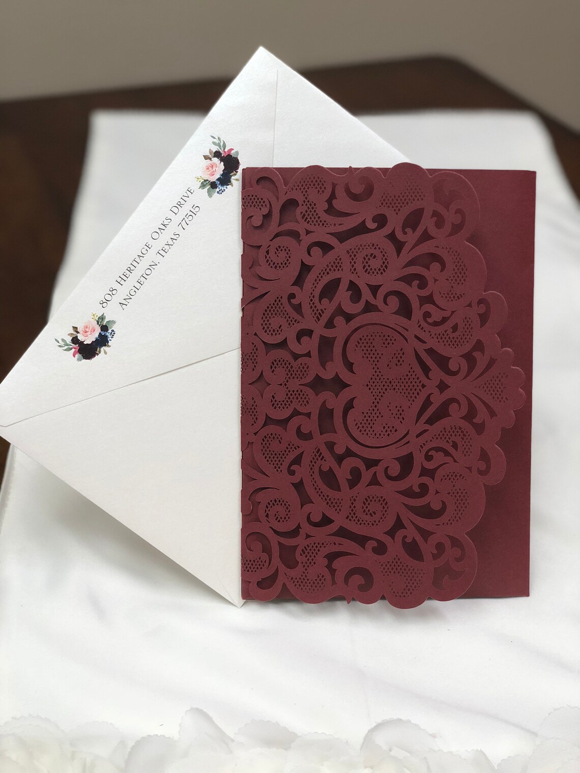 Laser Cut Marsala Wedding Invitations: Burgundy Pocket, Gold Accents - Etsy