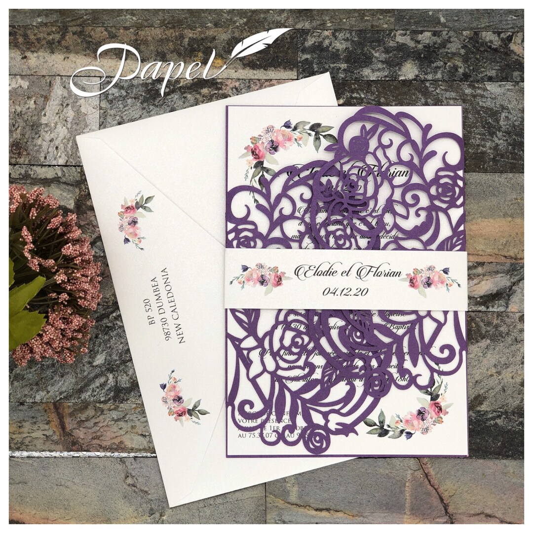 Wedding Invitation, Laser Cut Invitations, Rose Design, Purple Wedding ...