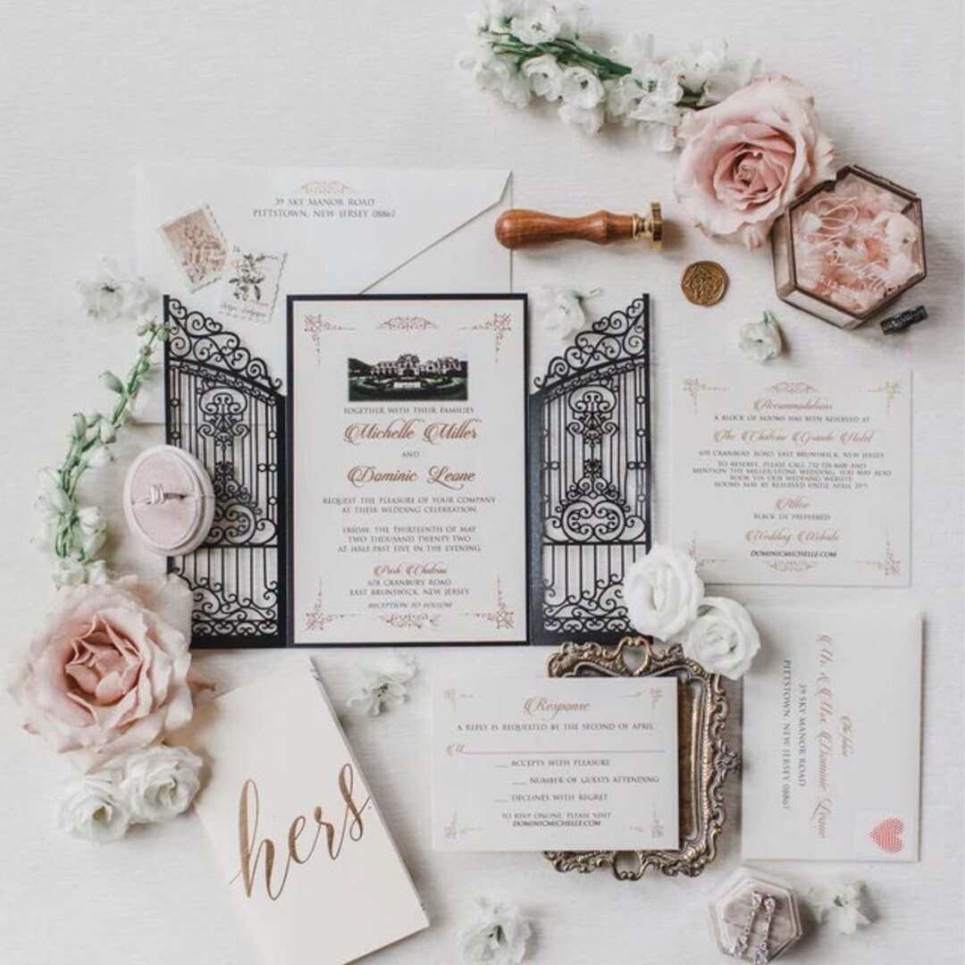 Retro Iron Gate Laser Cut Black Shimmer Wedding Invitations - Etsy