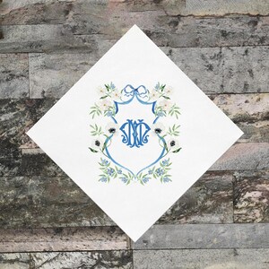 Blue Poppy Crest Wedding Napkins: Personalized Watercolor Cocktail ...