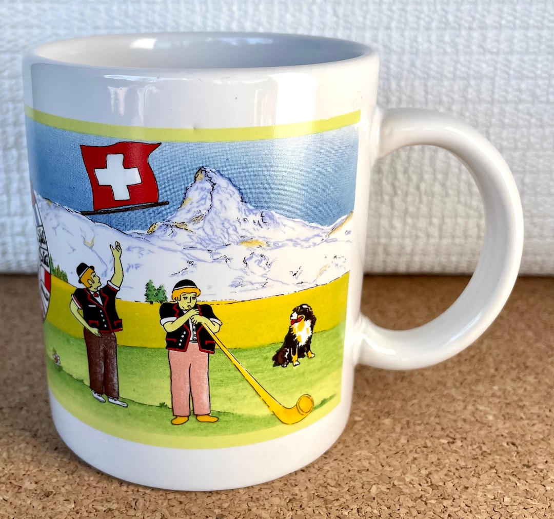 Vtg Switzerland Souvenir Mug, Swiss Alps Scene, Cantons' Coats of Arms ...