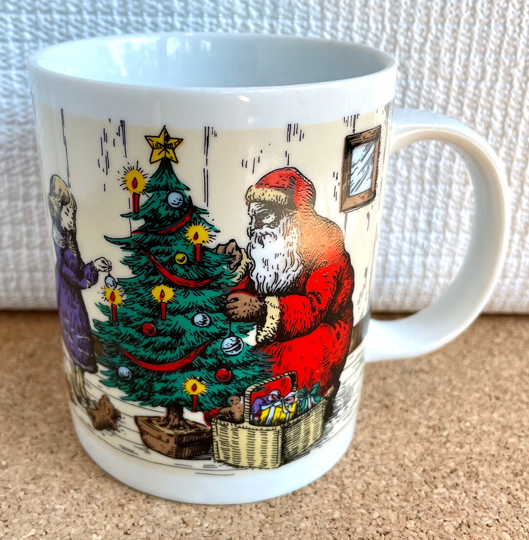 Vtg Christmas Scene Mug, Old-world Santa, a Cat, and a Young Girl ...