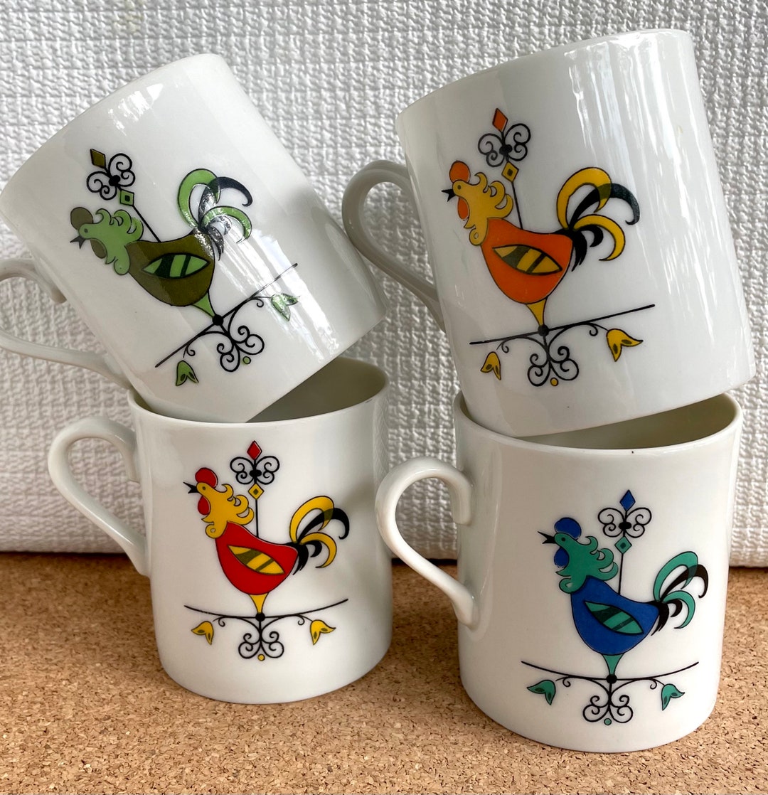 Vtg Set of Four Weathervane Mugs/cups, Scandinavian Roosters, Porcelain ...