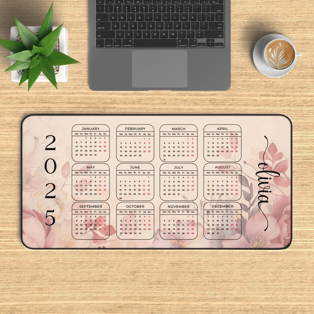 Personalized 2025 Calendar Floral Desk Mat, Custom Name Mouse Pad Large ...