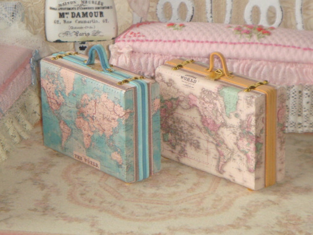 Shabby Vintage World Map Suitcases for Dollhouses. 1:12 Miniature ...