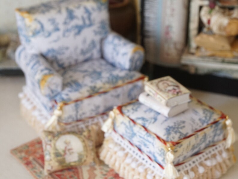Newdollhouse Five Pieces Blue Toile Chair/ottoman Pillow - Etsy