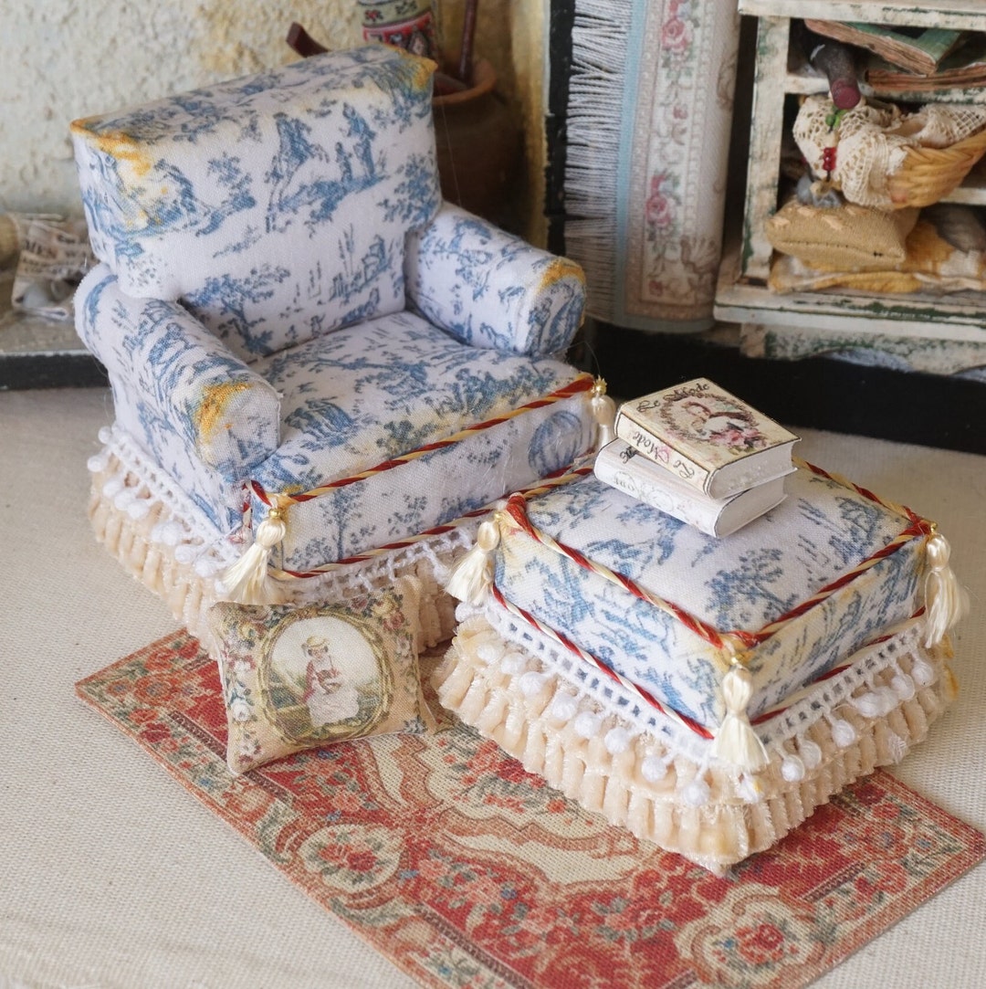 Newdollhouse Five Pieces Blue Toile Chair/ottoman Pillow - Etsy