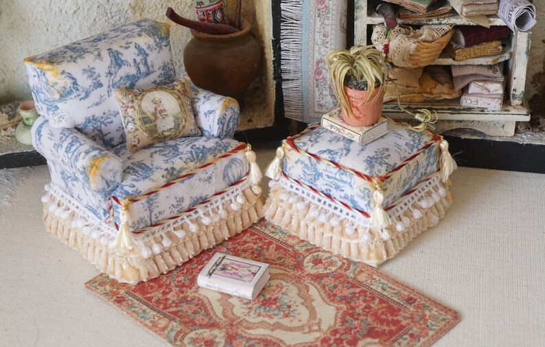 Newdollhouse Five Pieces Blue Toile Chair/ottoman Pillow - Etsy