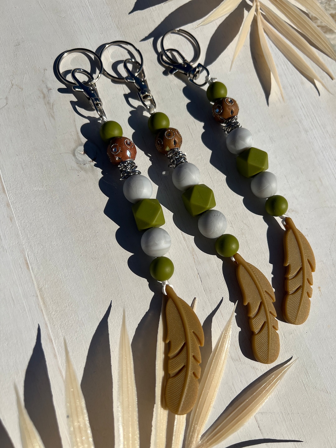 Olive Green Keychain/bag Charm With Feather - Etsy
