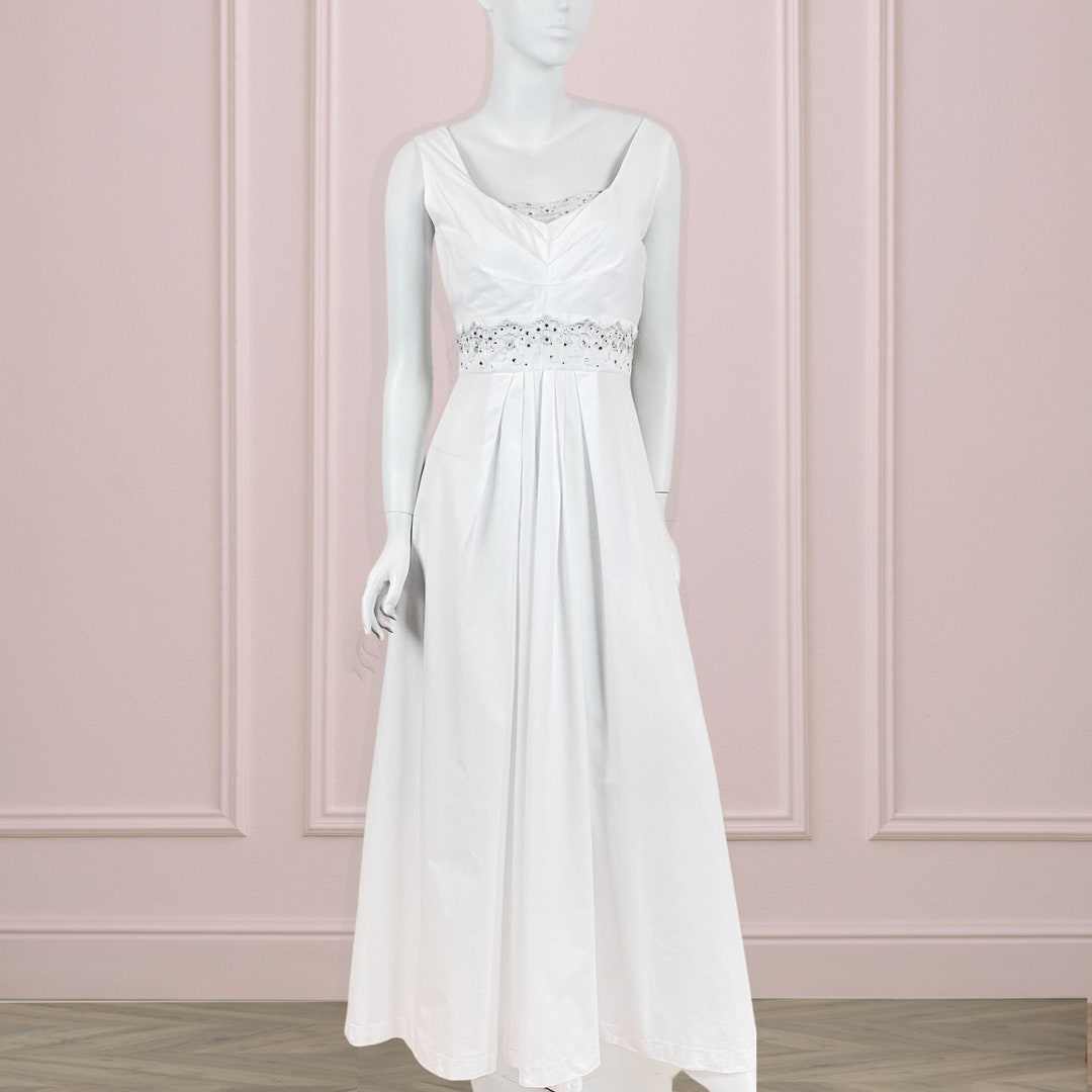 1990s Y2K Wedding Dress White Cotton Sleeveless Gown, Silver Lace ...