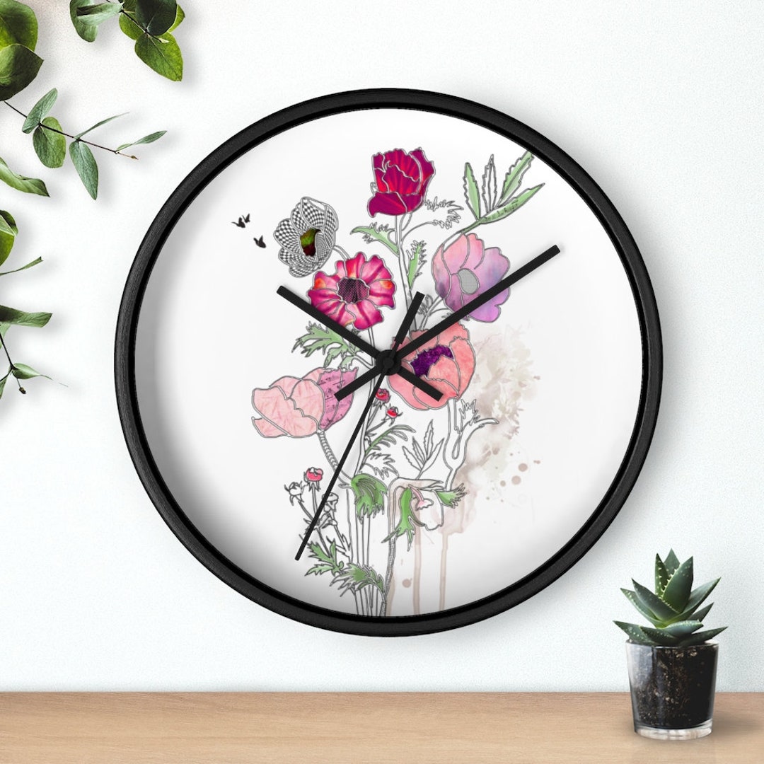 Pink Flower Wall Clock, Bedroom Wall Clock, Floral Clock, Round Wall ...