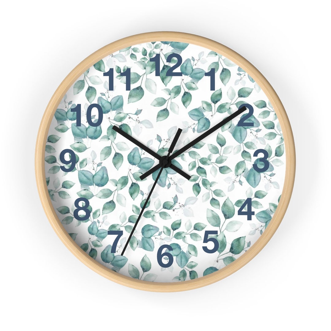 Clock With Numbers, Blue Leaves Wall Clock, Modern Wall Clock, Modern ...