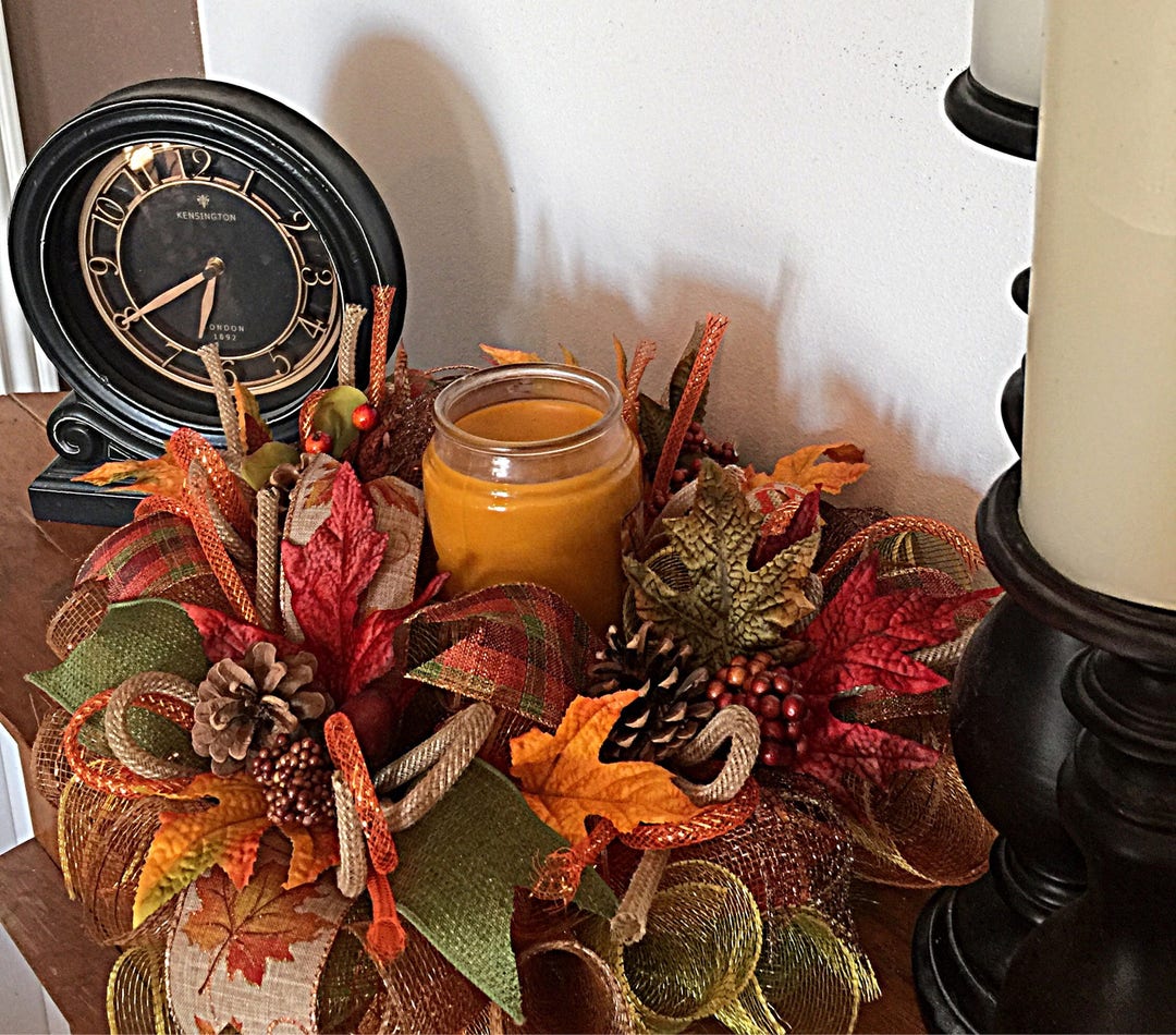 15" Fall Candle Deco Mesh Arrangement/fall Arrangement/autumn Candle ...