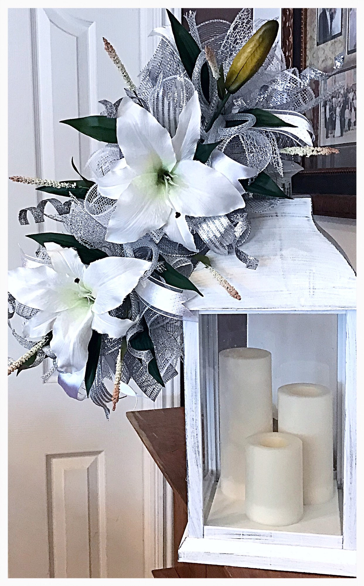 15" Silver and White Lily Lantern Arrangement/(lantern Not Included ...