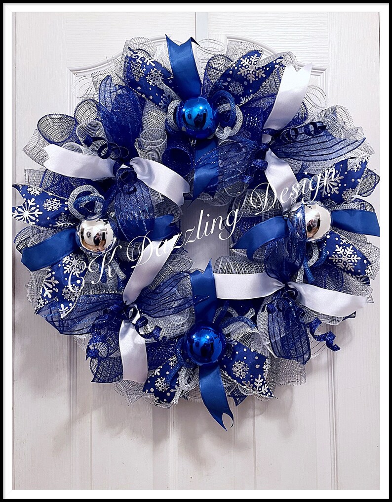Christmas Blue Silver and White Deco Mesh Wreath/blue and - Etsy