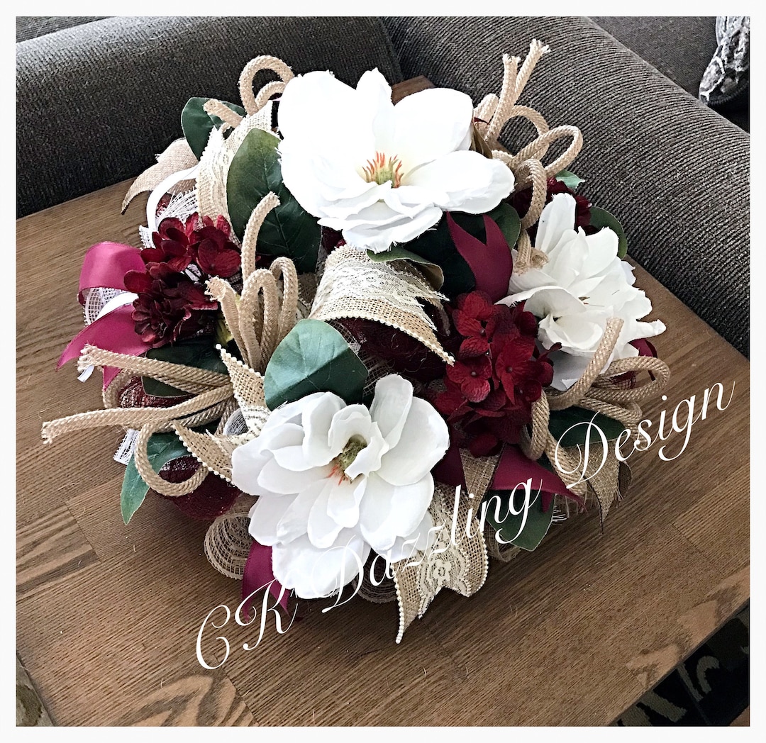 16” Burgundy and White Magnolia Table Deco Mesh Arrangement/magnolia ...
