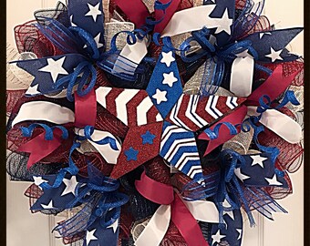 Patriotic and 4th of July Star Deco Mesh Wreath/Patriotic