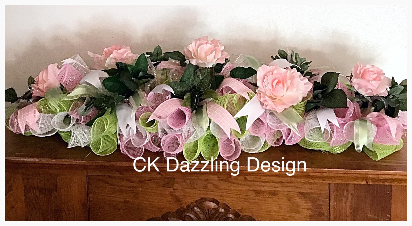 36" Elegant Soft Pink Rose Deco Mesh Arrangement/rose Arrangement /pink ...