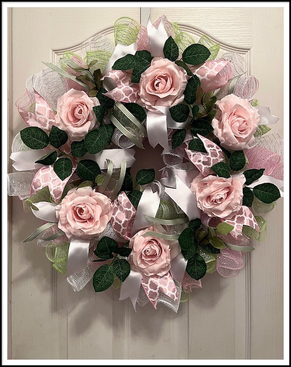 Pink Rose Deco Mesh Wreath/spring Pink Rose Wreath/pink | Etsy Canada