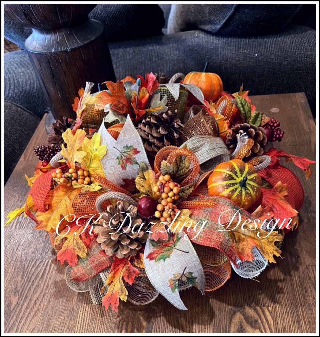 15” Fall Deco Mesh Table Arrangement/fall Arrangement/autumn ...