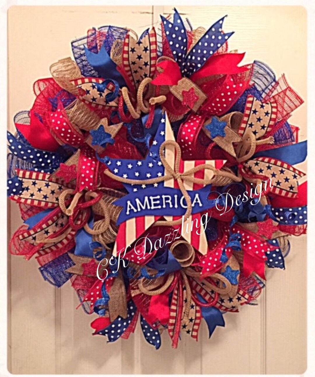 America Patriotic Red Blue and Burlap Star Deco Mesh Wreath/patriotic ...