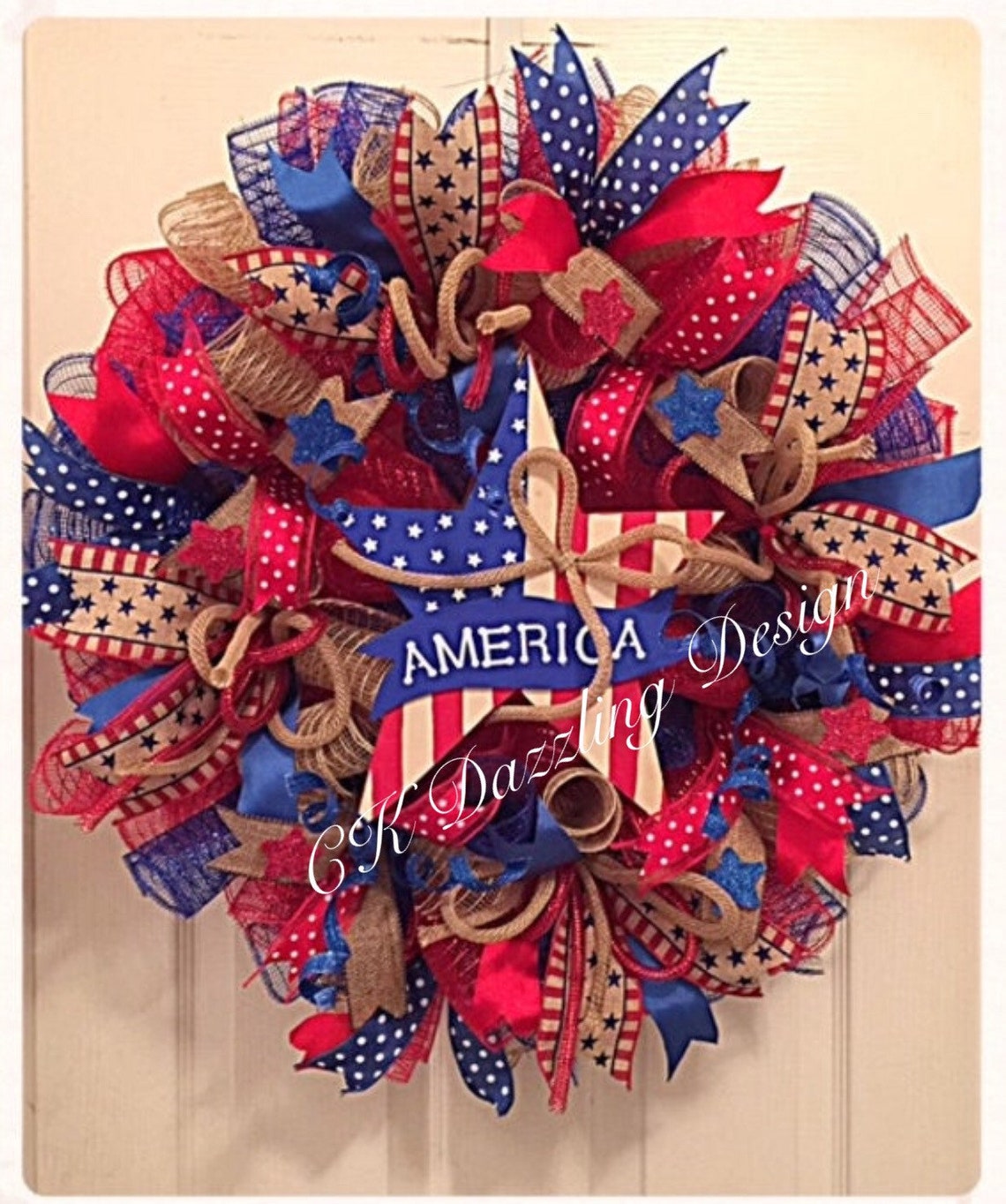 America Patriotic Red Blue and Burlap Star Deco Mesh - Etsy